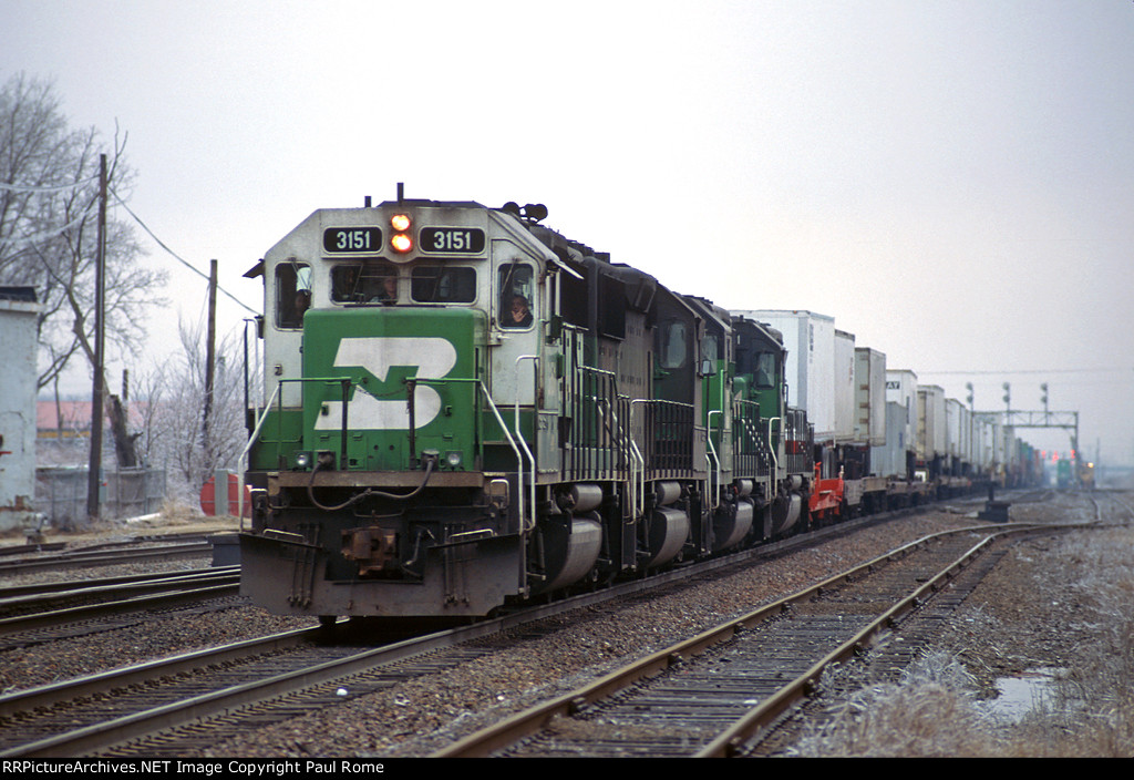 BN 3151, EMD GP50, with a westbound intermodal train